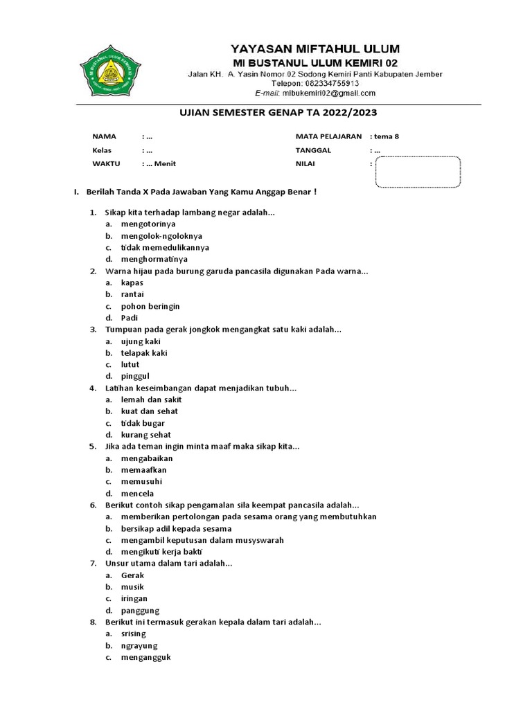 Template Soal Ujian Semester 2.2-1 | PDF