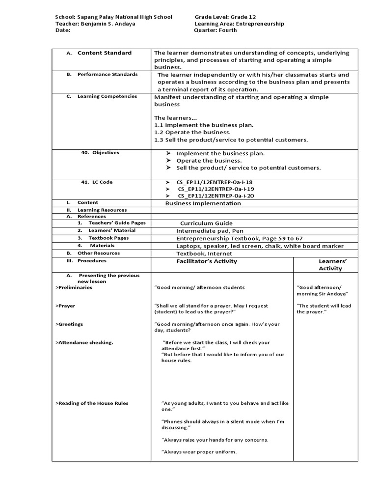 Detailed - Lesson - Plan - in Entrepreneurship | PDF | Sales | Business