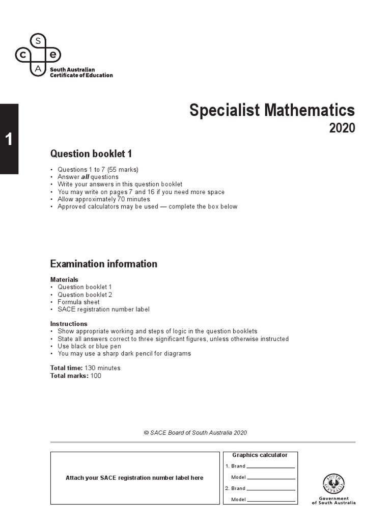 2020 Specialist Mathematics Examination Paper 1 | PDF