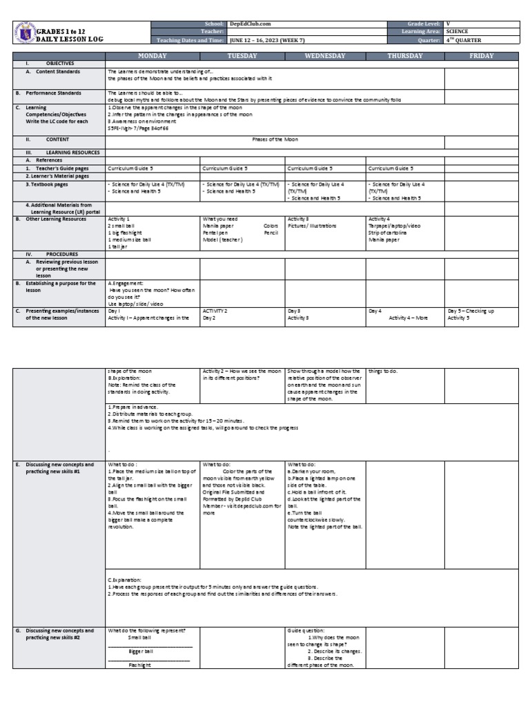 DLL - Science 5 - Q4 - W7 | PDF | Moon | Learning