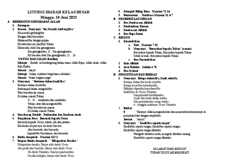 LITURGI IBADAH Ank Besar 18 Juni 2023 | PDF