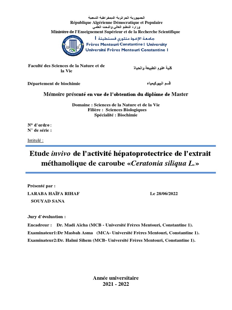 Etude Invivo de L'activité Hépatoprotectrice de L'extrait Méthanolique ...