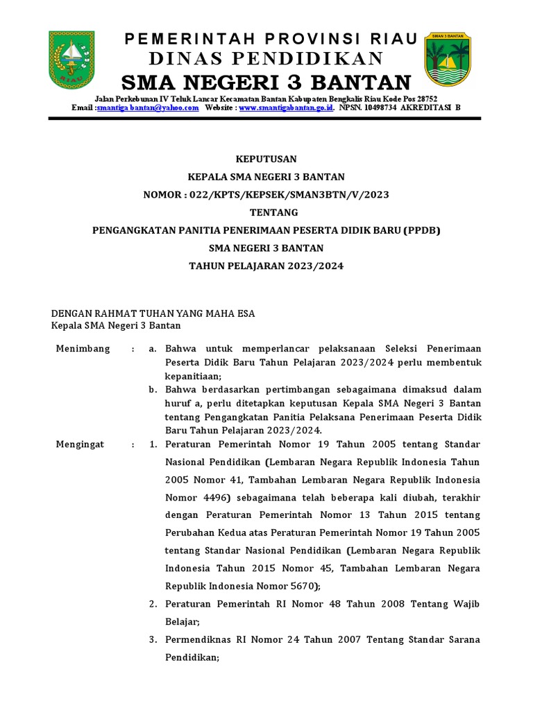 SK Panitia PPDB Sman 3 Bantan TP 2023-2024-1 | PDF