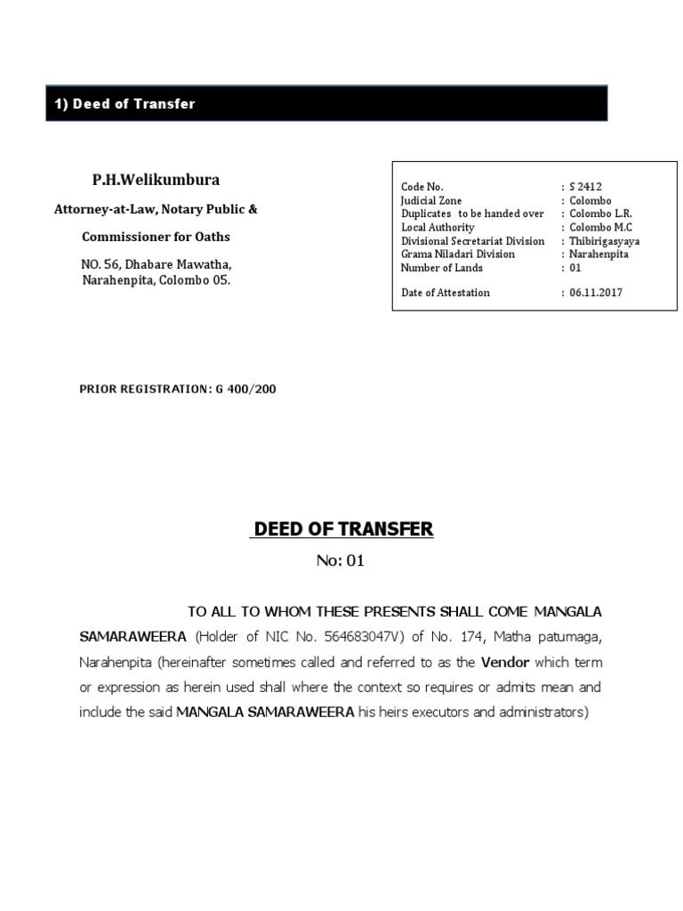 1 Deed of Transfer | PDF | Common Law | Civil Law (Common Law)