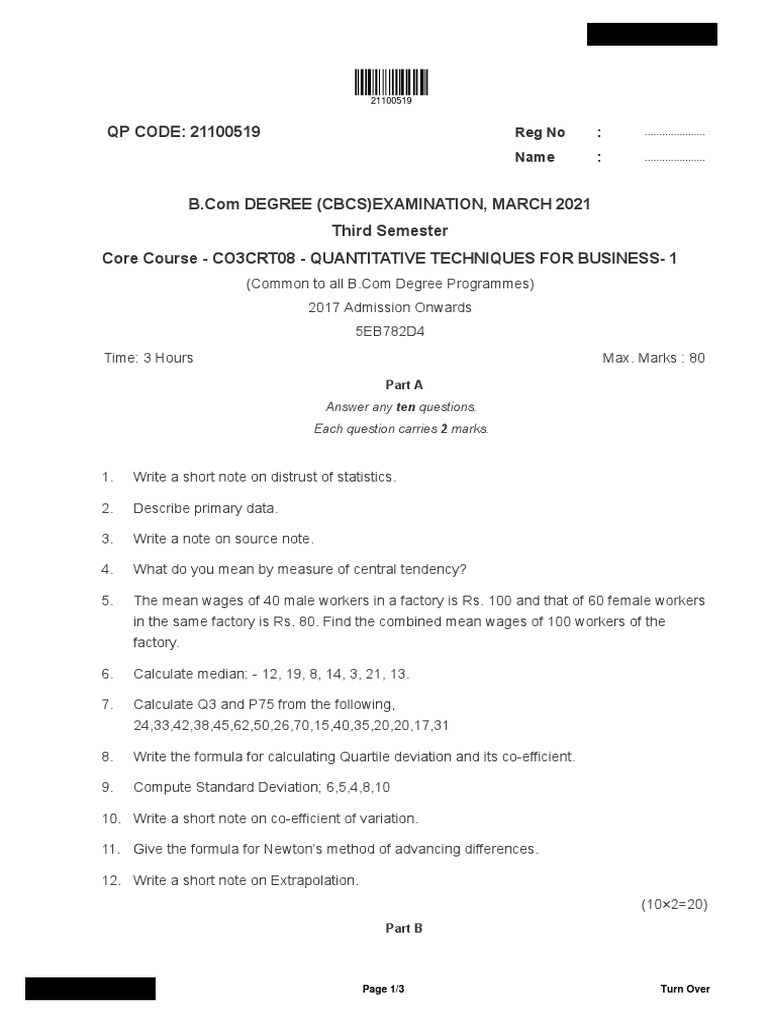Bcom 3 Sem Quantitative Techniques | PDF