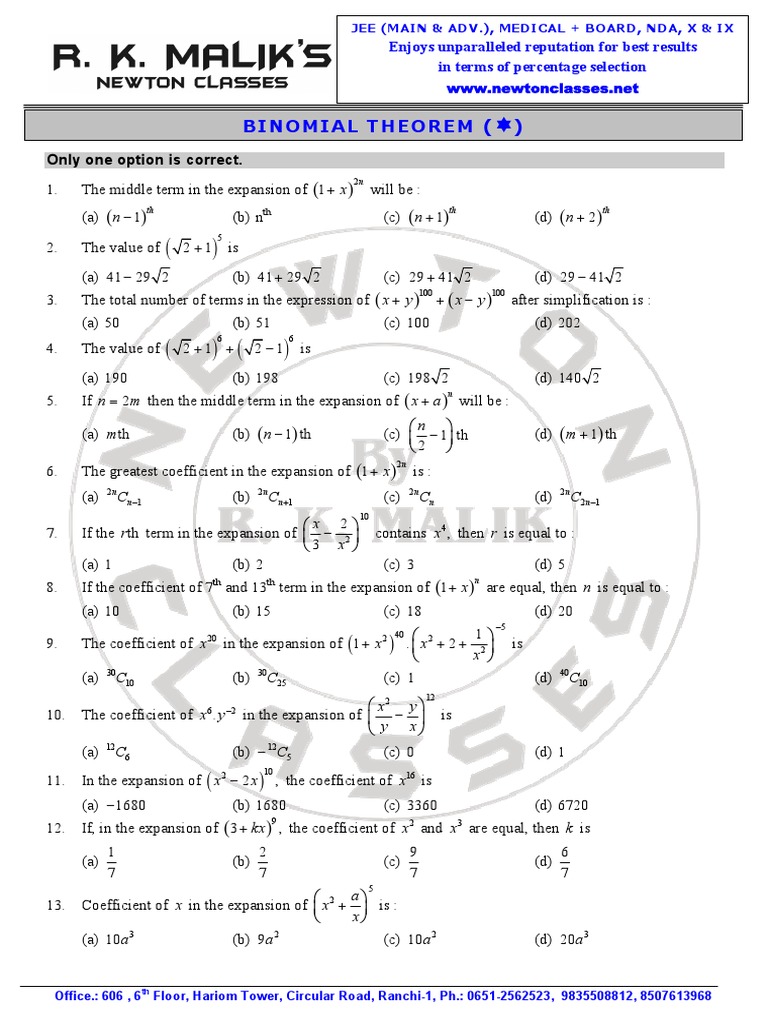 NDA Previous Year Questions BINOMIAL THEOREM | PDF | Complex Analysis | Elementary Mathematics