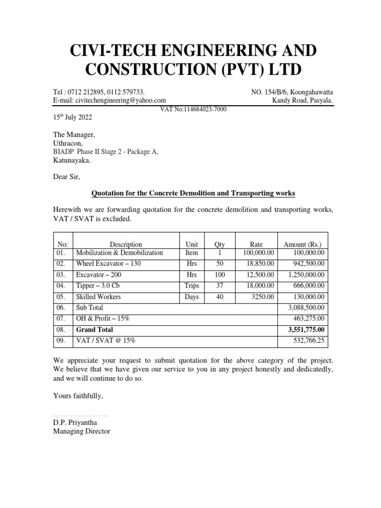 Civi-Tech Engineering and Construction (PVT) LTD: Quotation For The ...