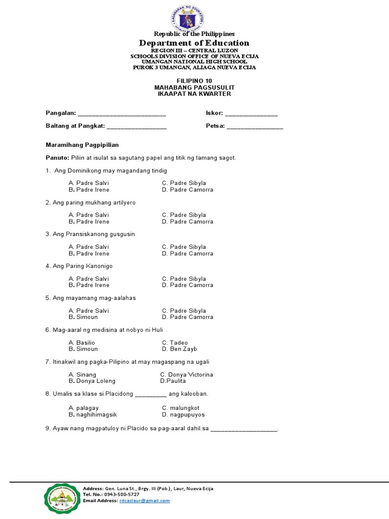 Mahabang Pagsusulit Sa El Filibusterismo | PDF