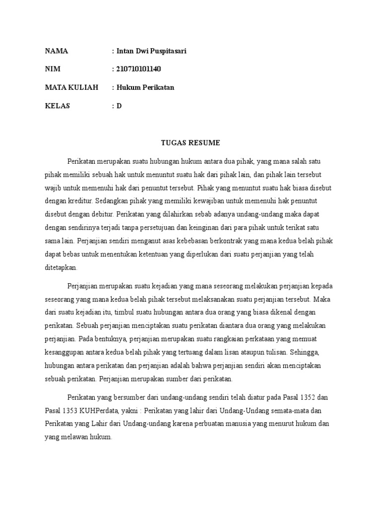 Intan Dwi Puspitasari - 210710101140 - Resume Perikatan - Hukum Perikatan (D) | PDF