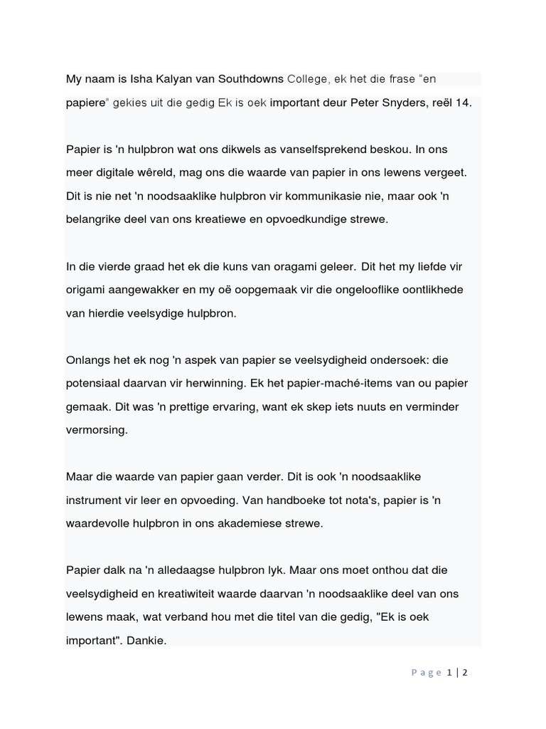 Updated Afrikaans Speech GR 12 | PDF