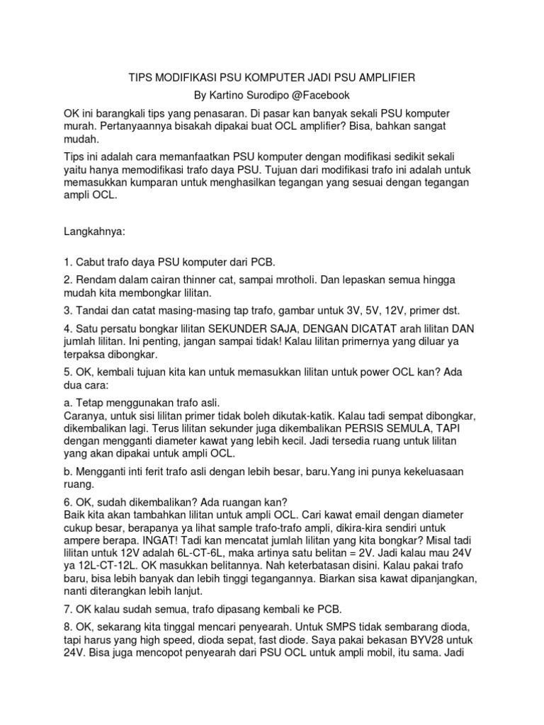 Tips Modifikasi Psu Komputer Jadi Psu Amplifier | PDF | Teknologi & Rekayasa