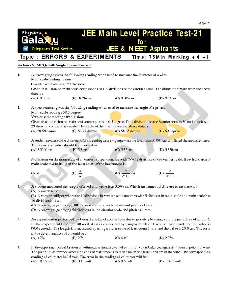 #MOCK JEE Main Practice Test-21 - Errors & Experiments | PDF | Metre ...