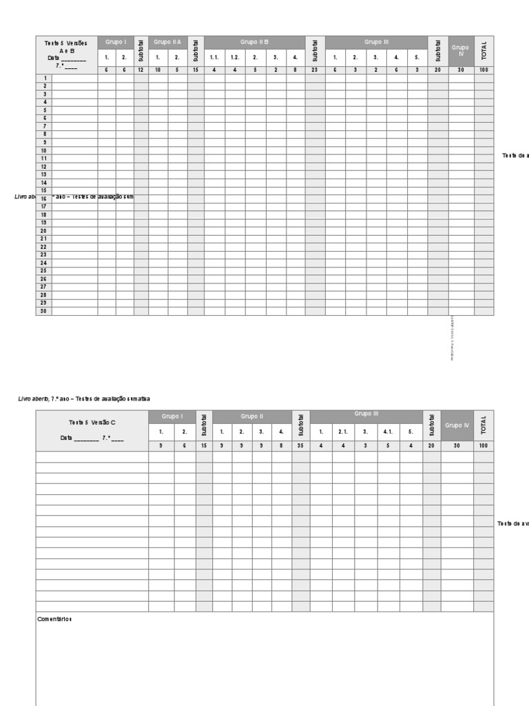 Testes de Avaliação 7.º Ano - Versões A, B e C | PDF
