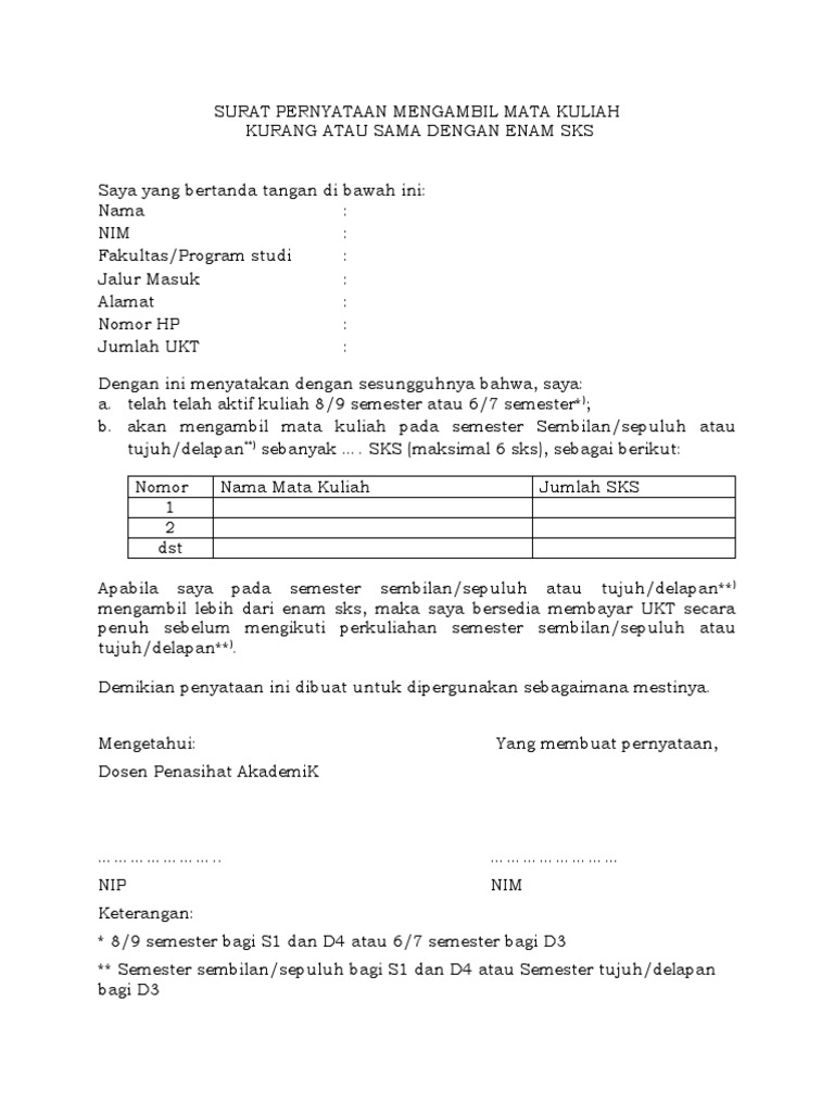 Surat Pernyataan Mengambil Mata Kuliah 6 Sks 1 | PDF