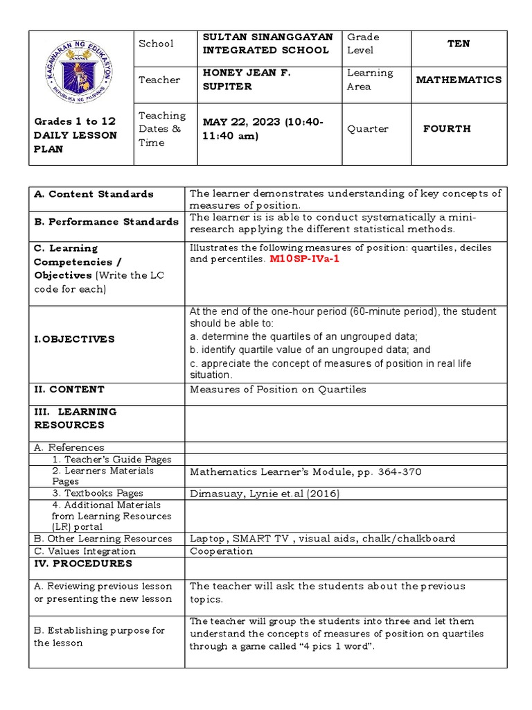 Cot - 4TH - Math 10 | PDF | Quartile | Cognition