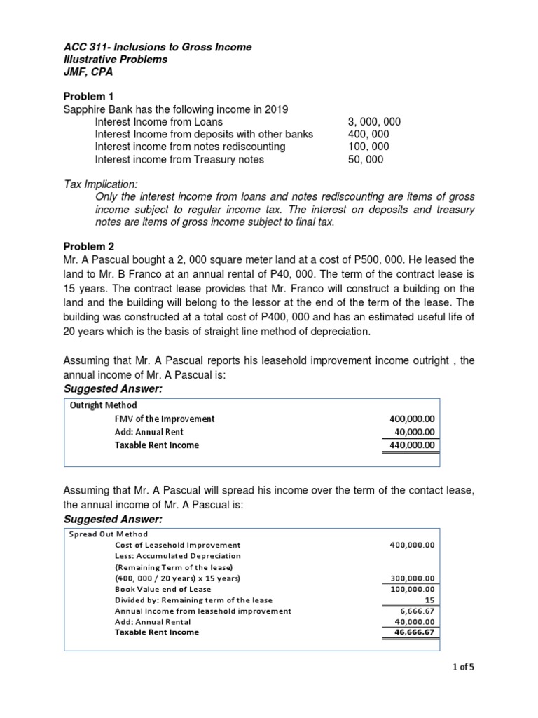 Inclusions To Gross Income Illustrative Examples | PDF | Lease | Dividend