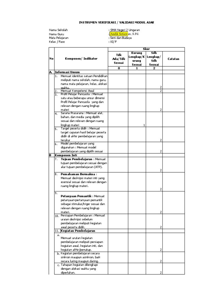 INSTRUMEN VERIFIKASI DAN VALIDASI MODUL AJAR XI_ANDIK SETIAWAN | PDF
