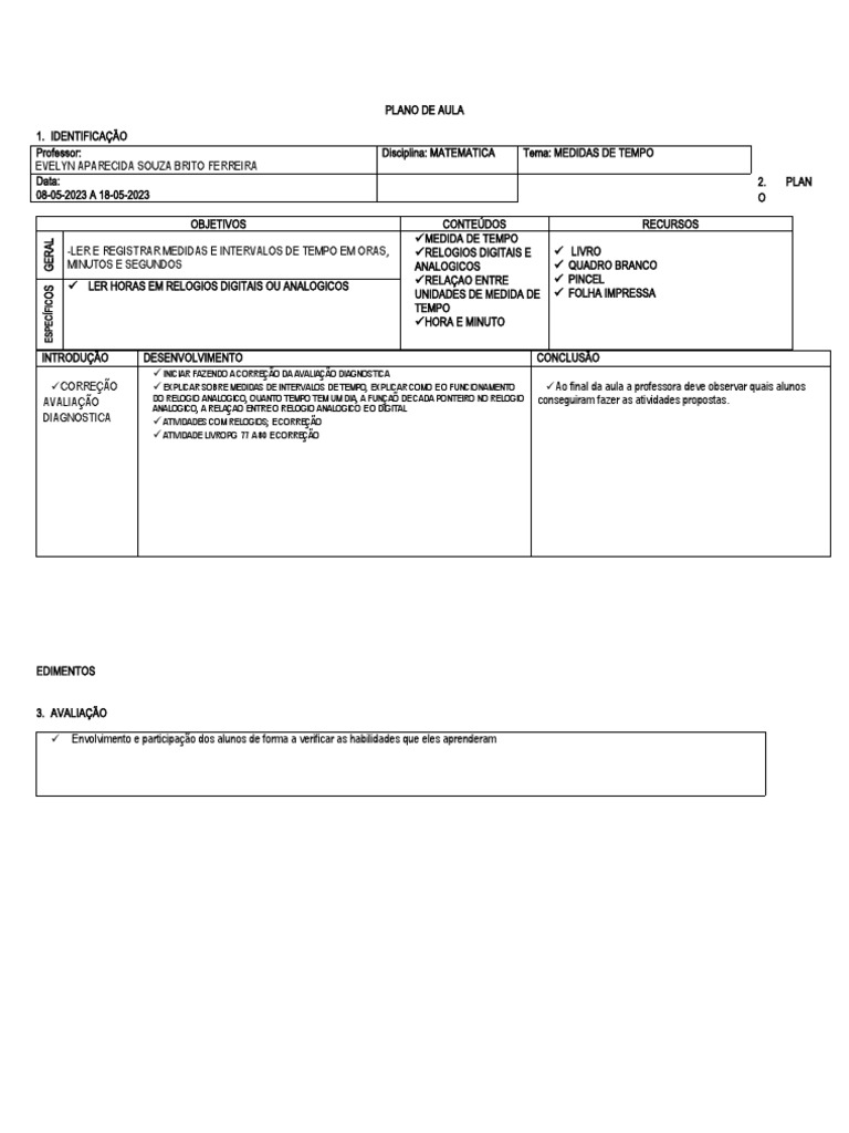 Modelo Plano de Aula Dicas | PDF | Tempo