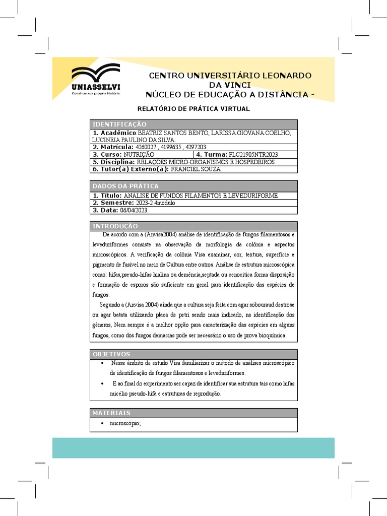Relatório de Prática Virtual | PDF | Fungo