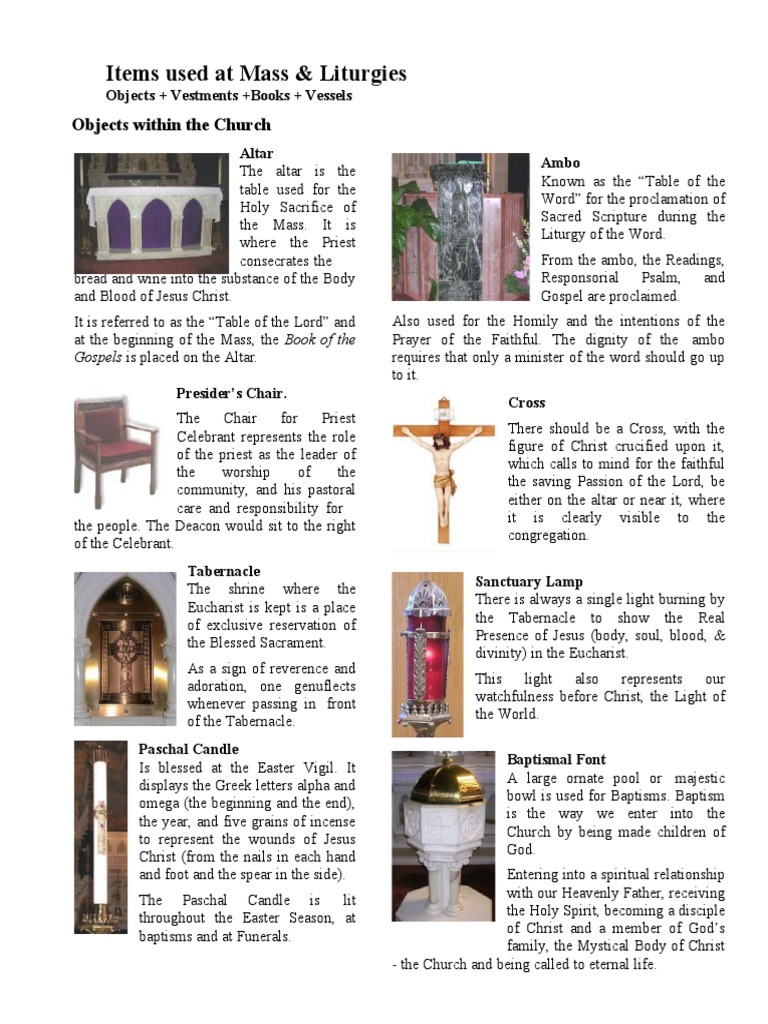 Items Used at Mass and Liturgies | PDF | Eucharist | Altar