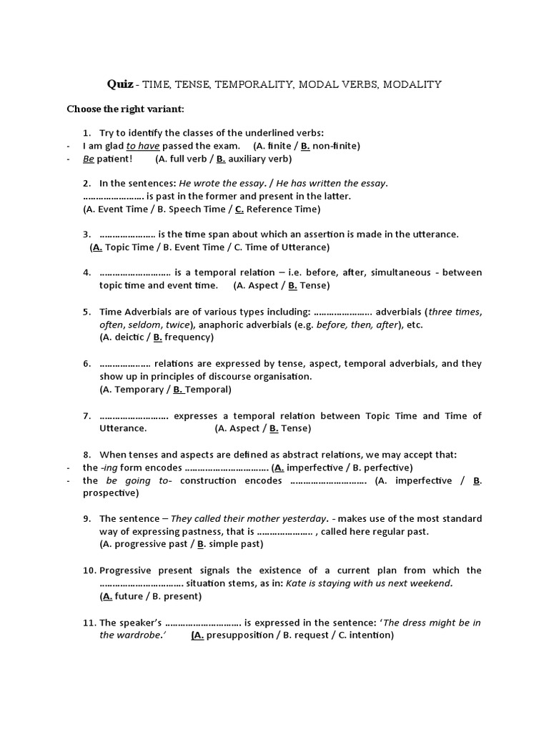 Rezolvat Quiz Time, Tense, Temporality, Modality (Multiple Choice) | PDF | Grammatical Tense | Verb