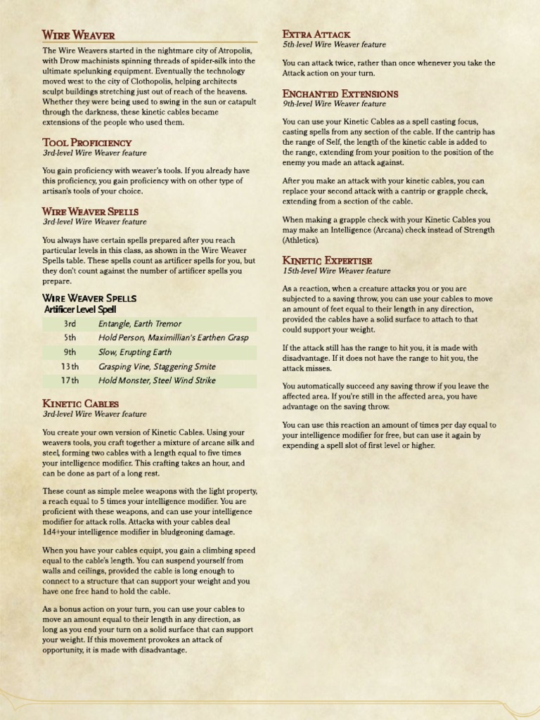 Wire Weaver - Artificer Subclass 3.0 | PDF Wire Weaver - Artificer Subclass 3.0 | PDF
