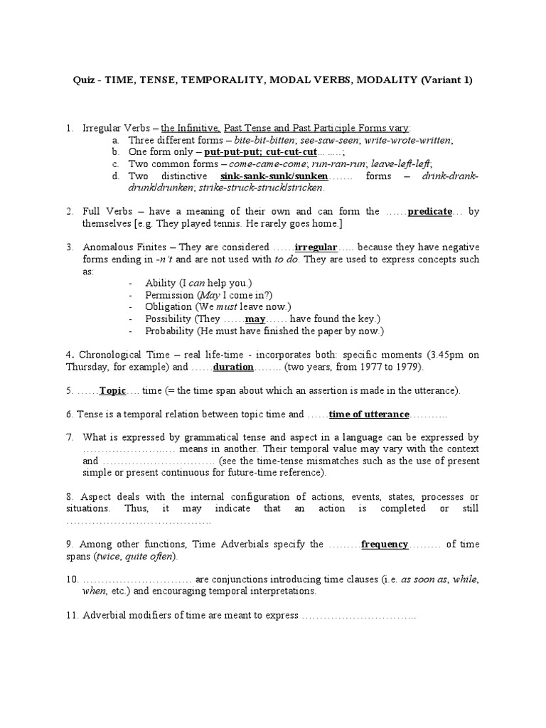 Rezolvat Quiz Time Tense Temporality Modality Variant 1 Pdf Grammatical Tense Verb