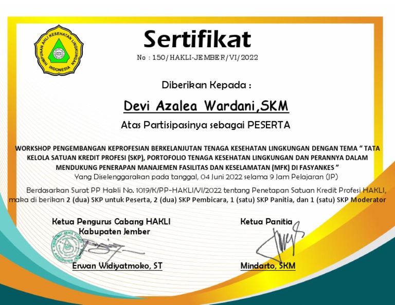 SERTIFIKAT Devi Azalea Wardani, SKM | PDF