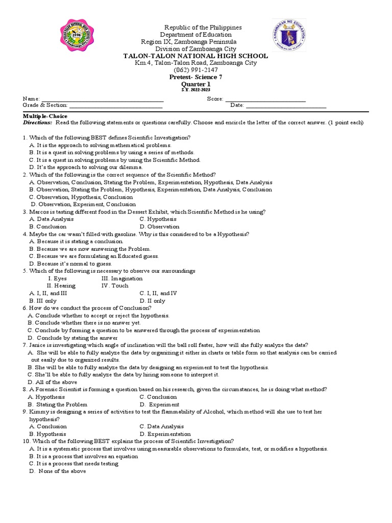 PRETEST Science 7 Quarter 1 | PDF | Mixture | Solubility