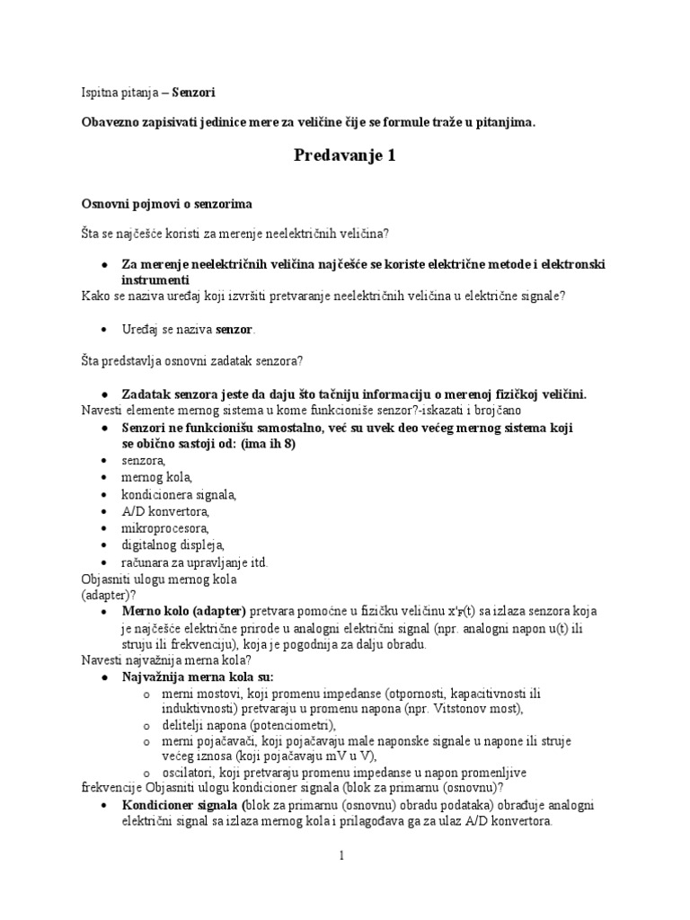 Ispitna Pitanja-Senzorski Sistemi | PDF