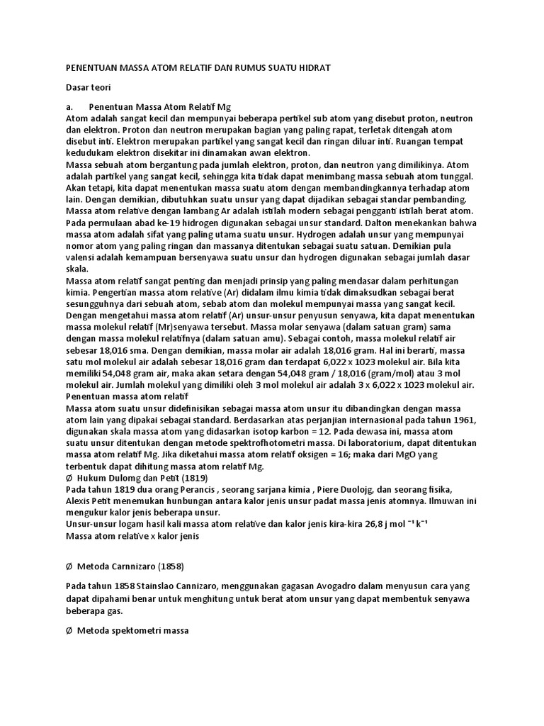 Penentuan Massa Atom Relatif Dan Rumus Suatu Hidrat | PDF