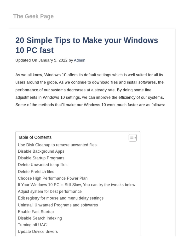 20 Simple Tips To Make Your Windows 10 PC Fast | PDF | Windows 10 ...