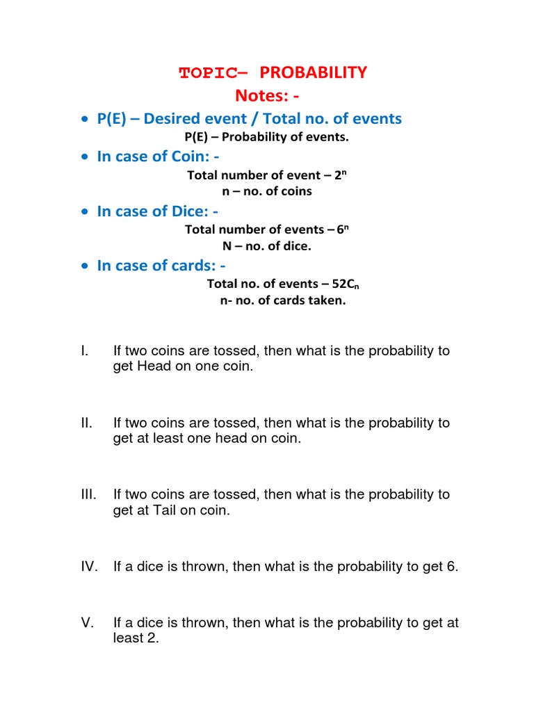 Probability Notes | PDF | Probability | Dice