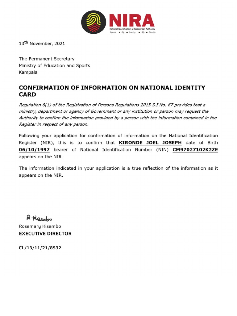 Nira Confirmation Letter | PDF