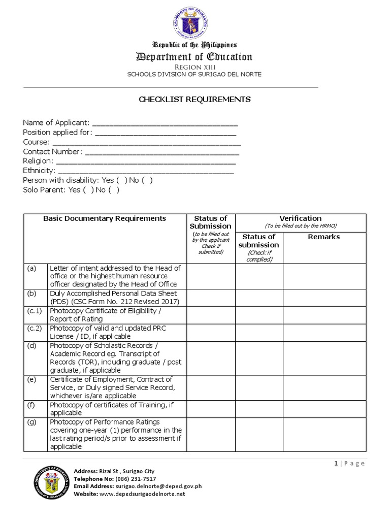 Checklist Requirements | PDF