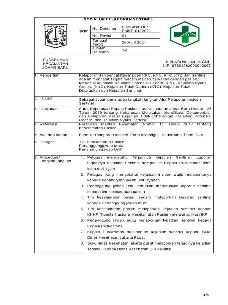 SOP Pelaporan Insiden Sentinel Puskesmas | PDF