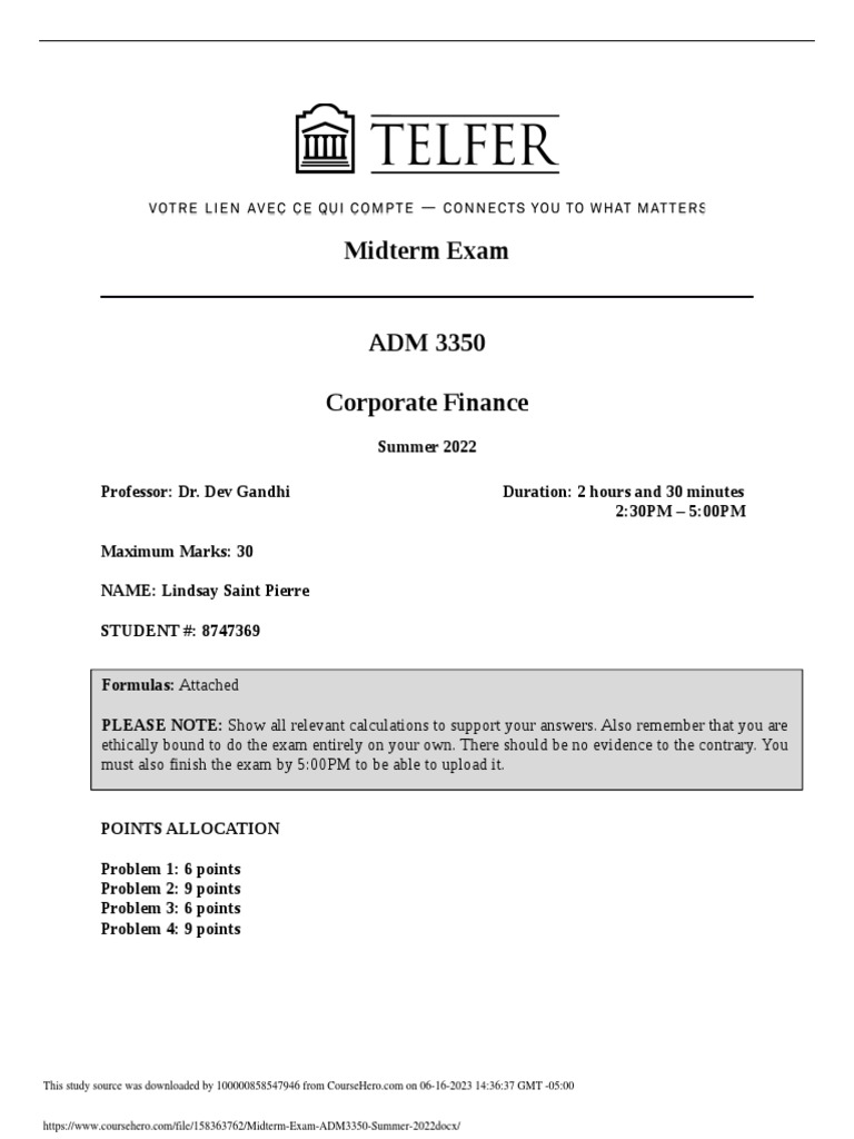 Midterm Exam ADM3350 Summer 2022 PDF | PDF | Dividend | Share Repurchase