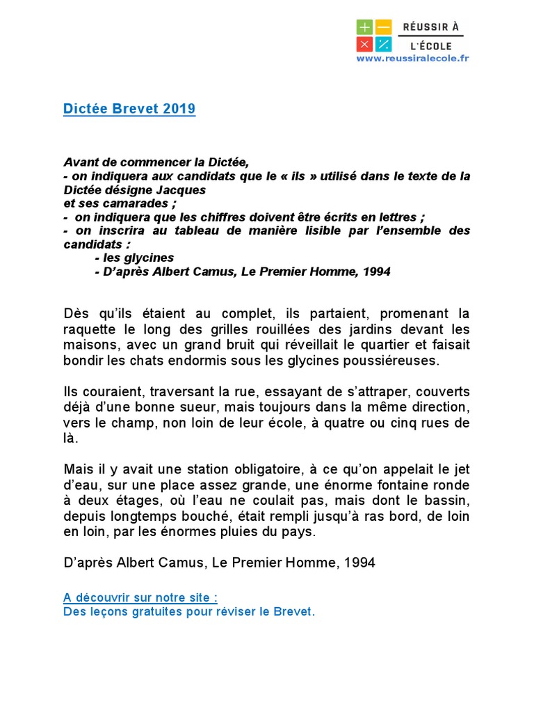 Dictée Brevet 2019 : Albert Camus | PDF