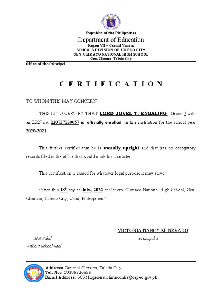 GCNHS Good Moral | PDF