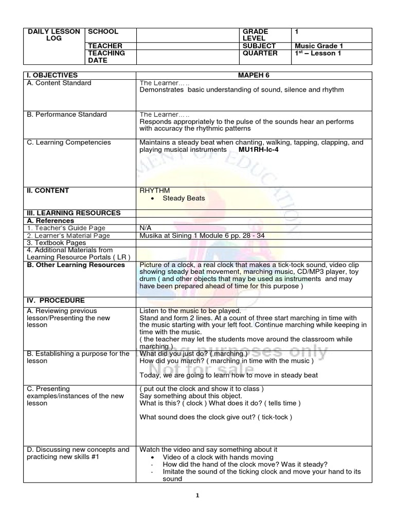 Daily Lesson Plan in Mapeh Grade 1 (1ST Quarter) | PDF | Rhythm | Teachers