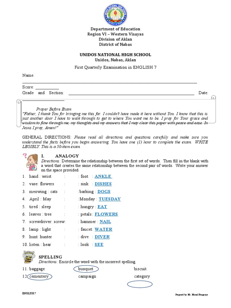 First Quarterly Exam in English 7 Answer Key | PDF | Linguistic ...