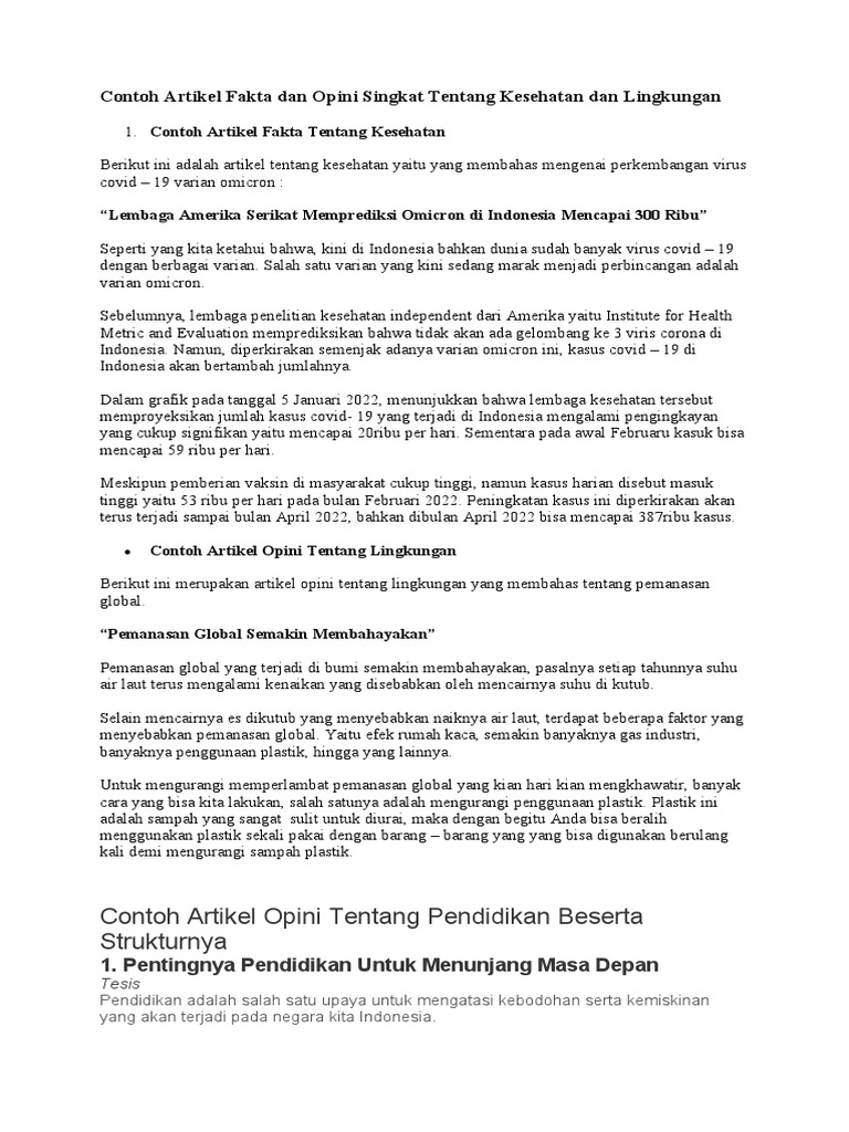 Contoh Artikel Fakta Dan Opini Singkat Tentang Kesehatan Dan Lingkungan | PDF | Pengembangan ...