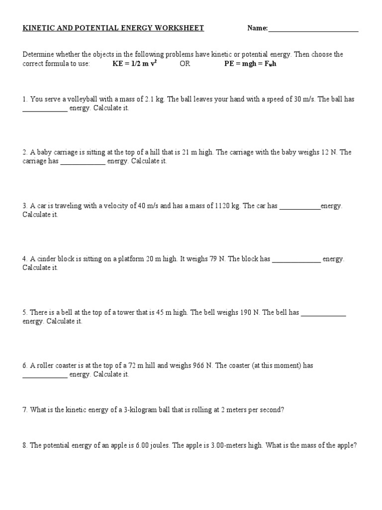 KE and PE Energy Worksheet 2 | PDF | Potential Energy | Kinetic Energy