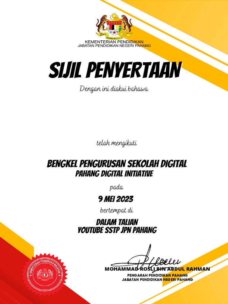 Sijil Penyertaan Bengkel Pengurusan Sekolah Digital 2023 | PDF