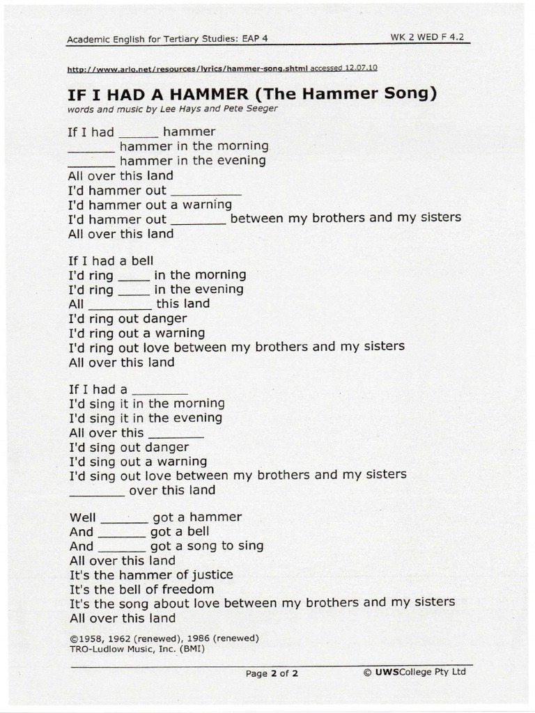 The Hammer Song - Gap Fill | PDF
