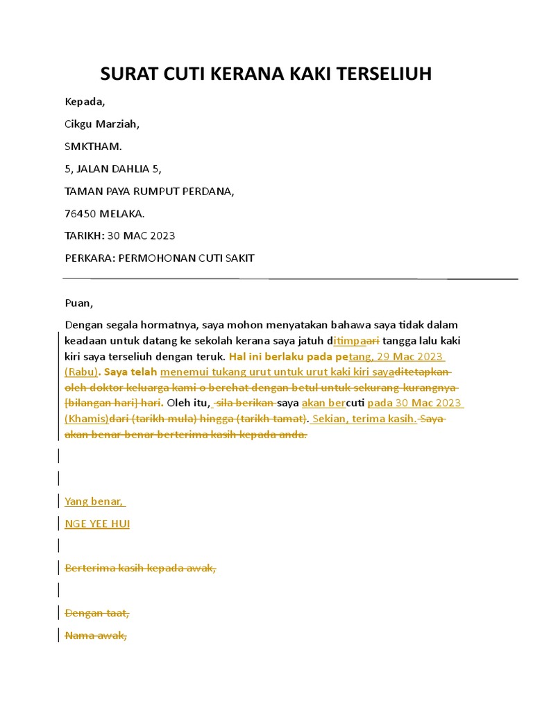 Surat Cuti Kerana Kaki Terseliuh | PDF