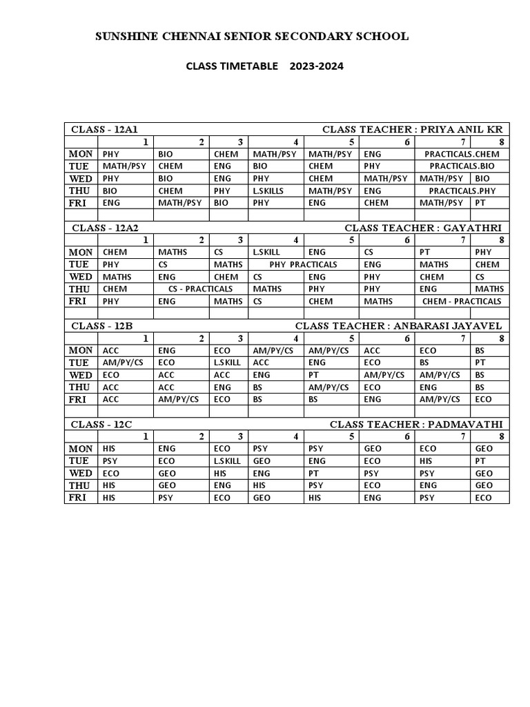 Sunshine Chennai School Timetable 2023-24 | PDF