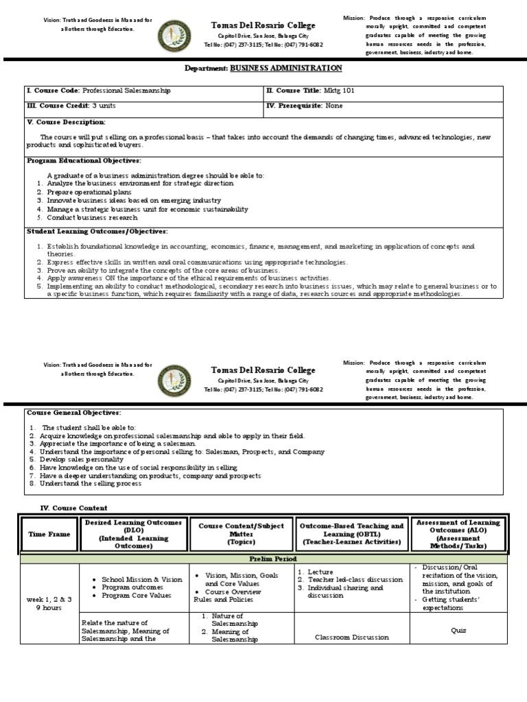 Updated-OBE-Syllabus MKTG 101 Professional Salesmanship | PDF | Sales ...
