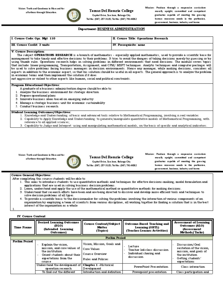 Updated OBE Syllabus Opr. MGT 110 Operations Research | PDF | Linear ...