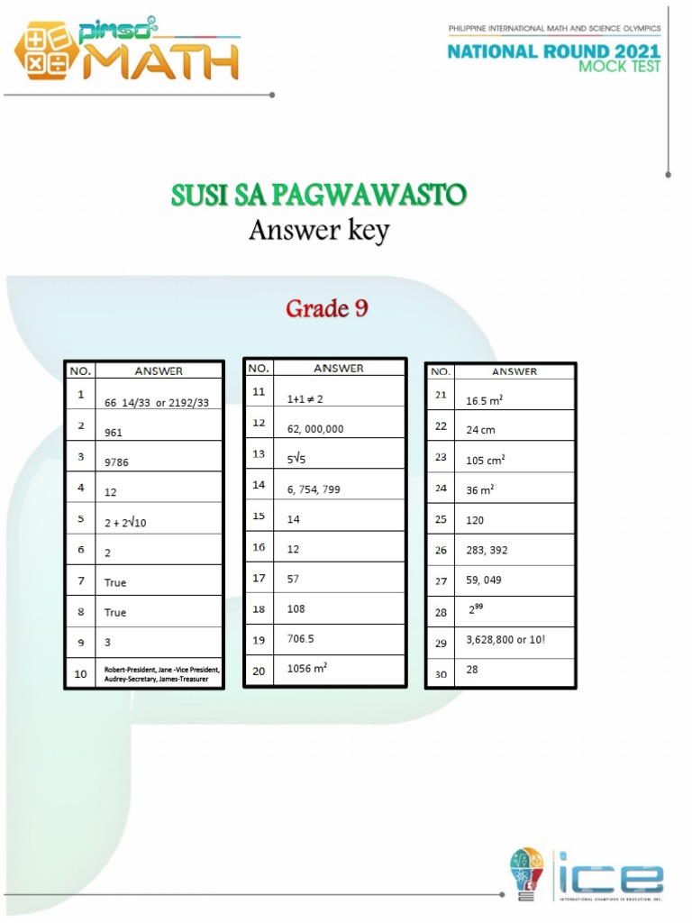 Grade 9 Exam Answer Key | PDF